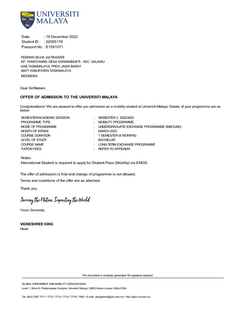 Universiti Malaya Offer Letter | PDF