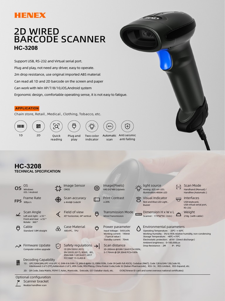 HC-3208 2D Wired Barcode Scanner | PDF | Image Scanner | Barcode