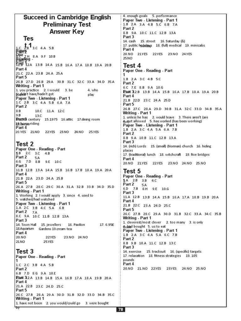 Succeed in Cambridge Pet Tests Keys PDF | PDF