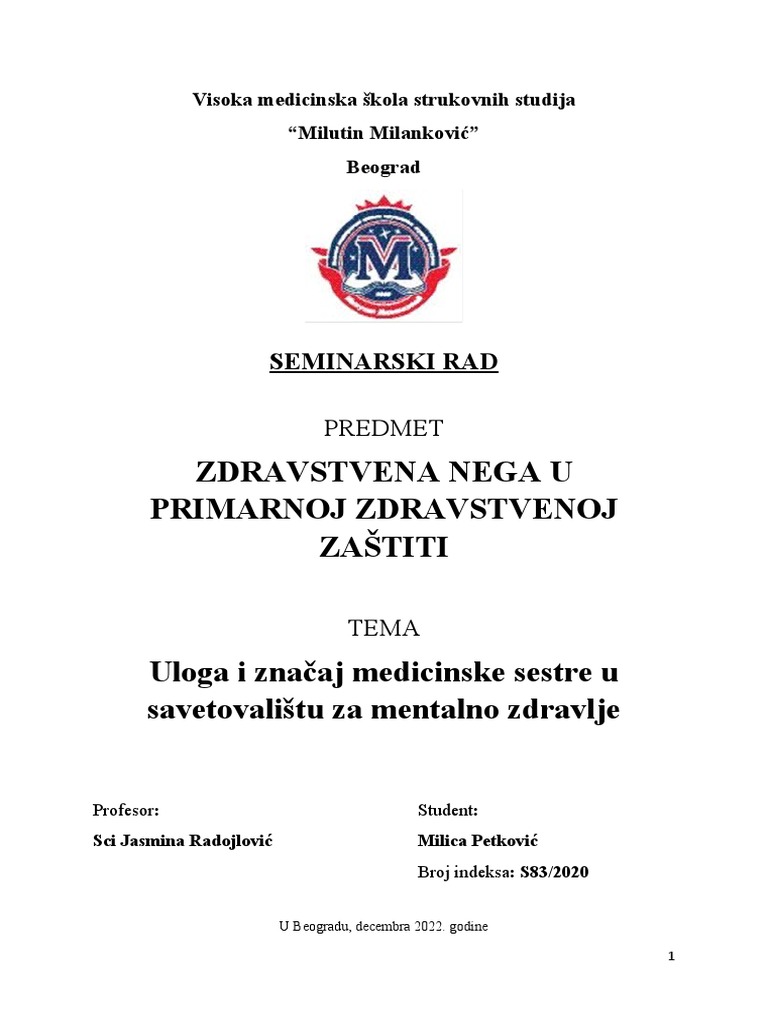 Uloga I Značaj Medicinske Sestre U Savetalištu Za Mentalno Zdravlje | PDF