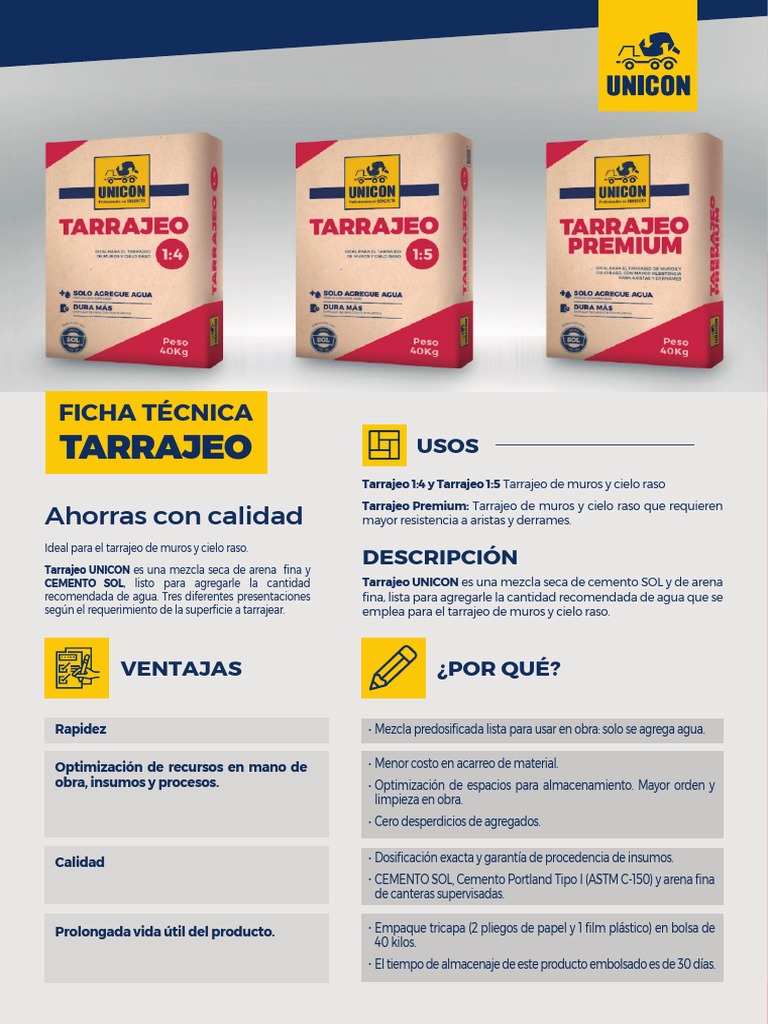 FT Linea TARRAJEO EMBOLSADO UNICON | PDF | Cemento | Agua FT Linea TARRAJEO EMBOLSADO UNICON | PDF | Cemento | Agua