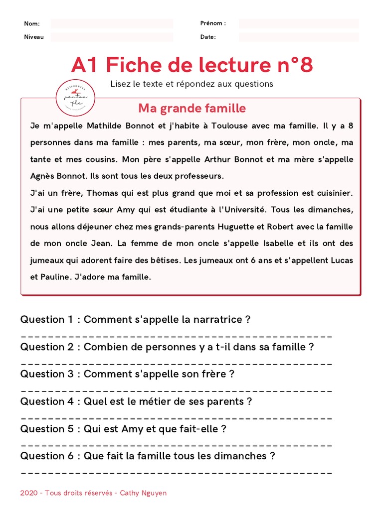 Fiche de lecture : Ma famille A1 | PDF