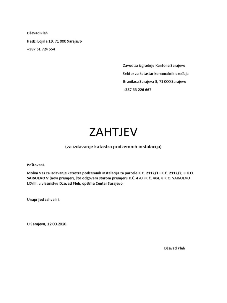 Zahtjev Za Izdavanje Katastra Pozemnih Instalacija | PDF
