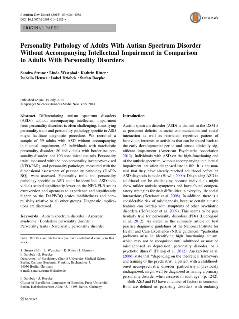 Personality Pathology of Adults With Autism Spectrum Disorder Without Accompanying Intellectual ...