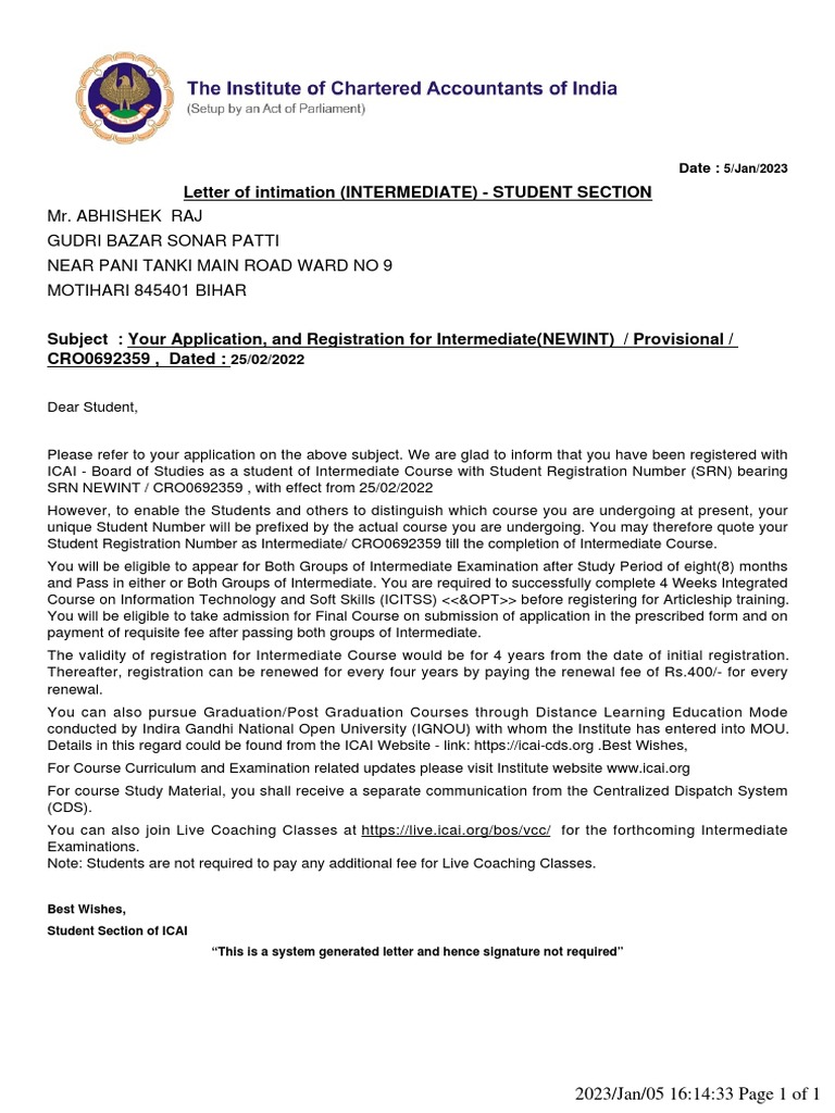 Ipcc Registration Letter | PDF