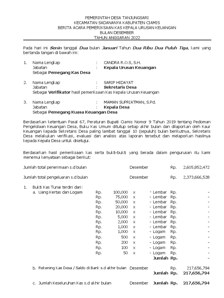 Contoh Format Berita Acara Pemeriksaan Kas | PDF