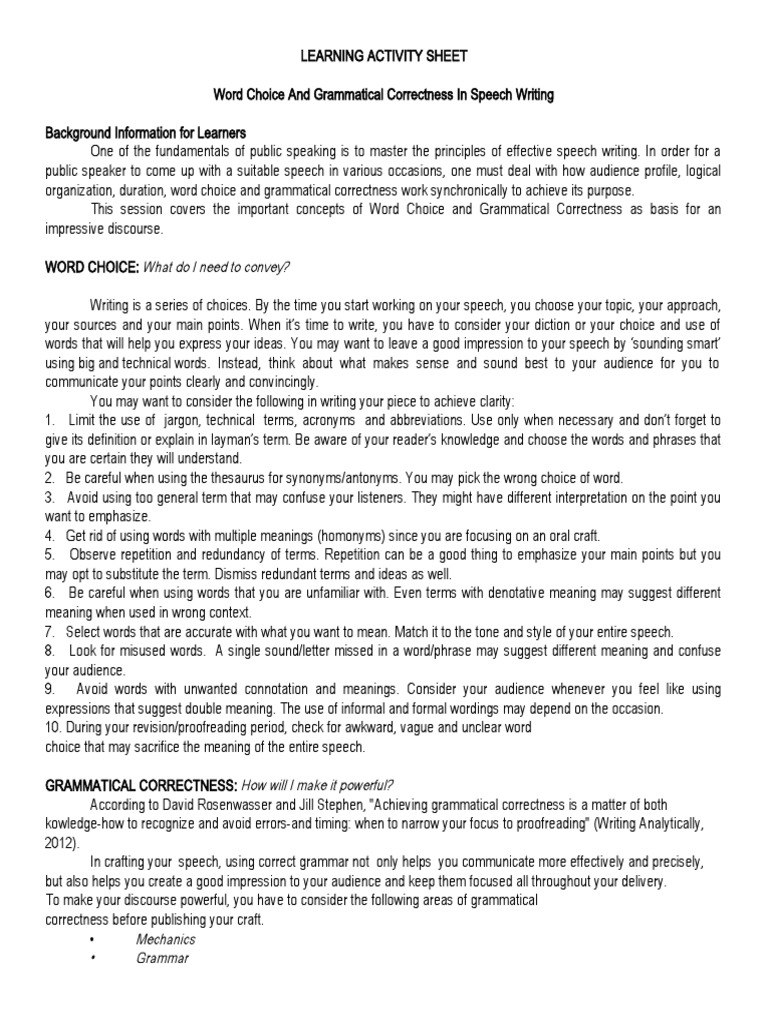 7 Word Choice and Grammatical Correctness in Speech Writing | PDF