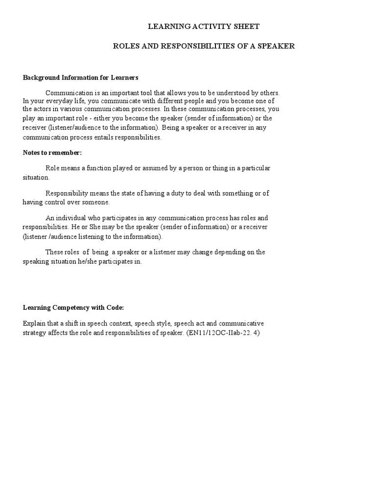 Speaker Roles and Responsibilities Guide | PDF | Communication | Learning