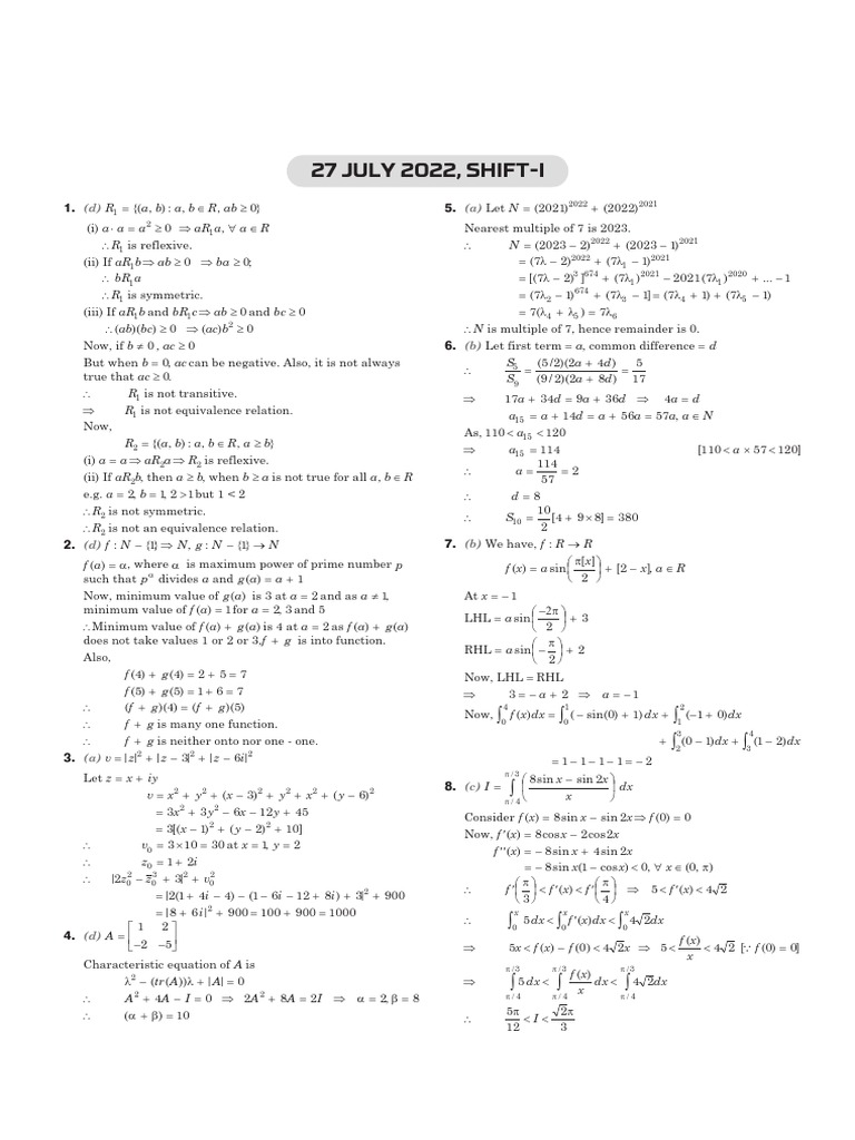 27 July Shift I Mathematics | PDF | Matrix (Mathematics) | Analytic ...