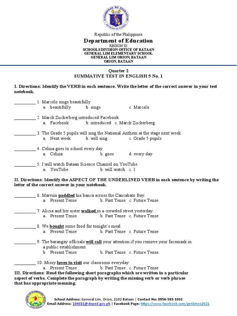 Summative Test Engllish 5 - Q2 No. 1 | PDF | Grammatical Tense | Verb