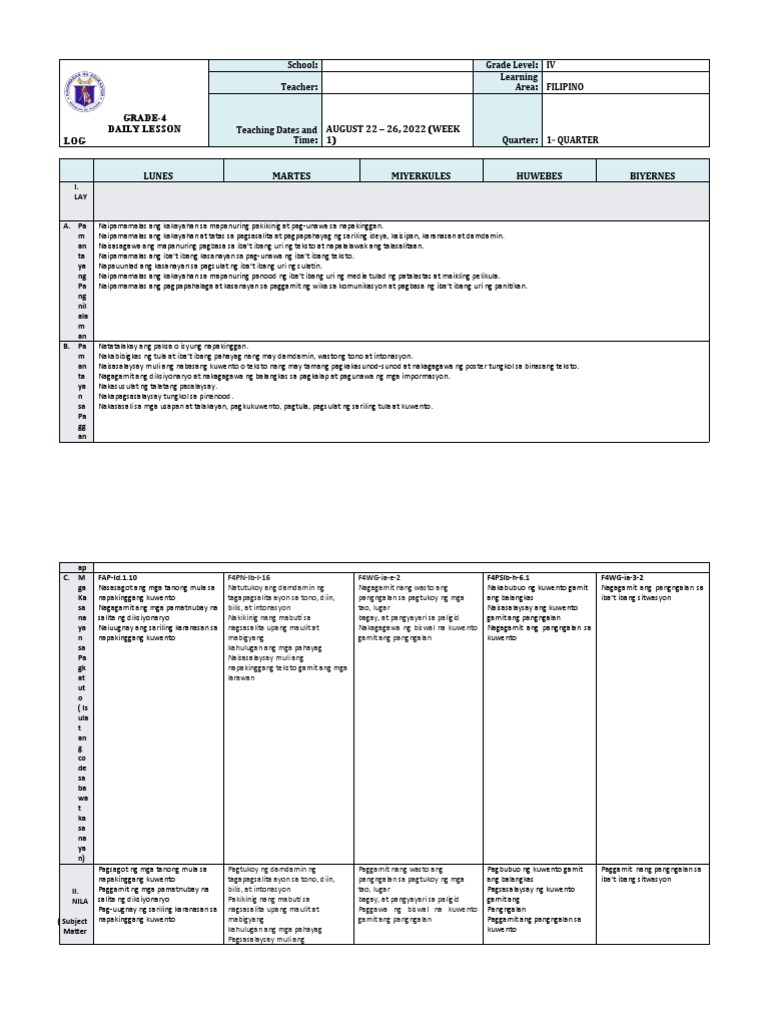 DLL Filipino Grade-4 Week 1 | PDF