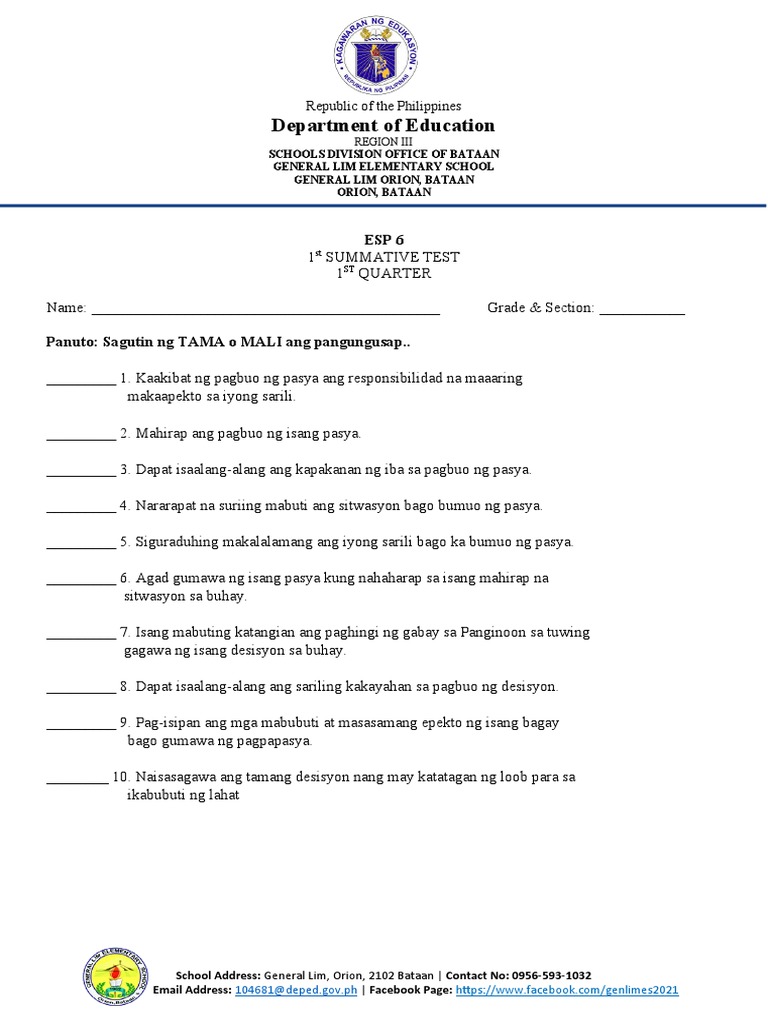 ST - Edukasyon Sa Pagpapakatao 6 - Q1 No. 1 | PDF