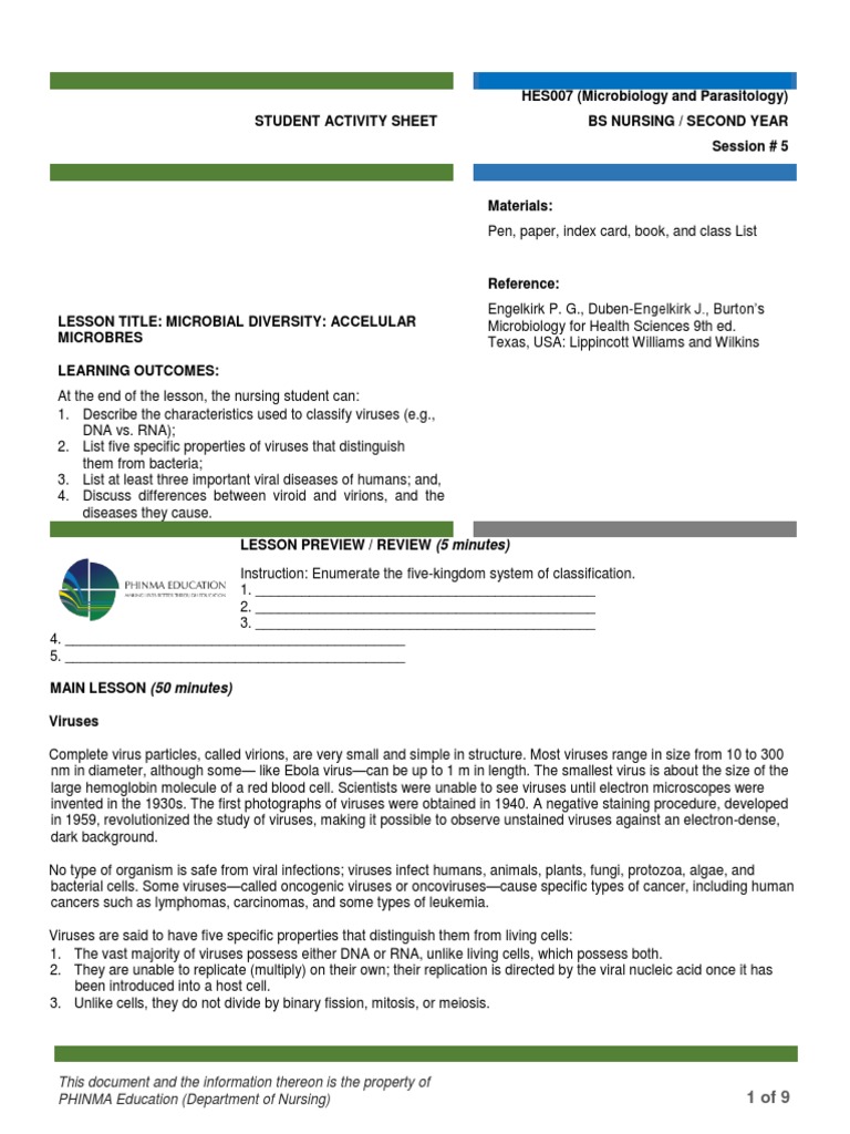 HES007 Lec Session #5 SAS | PDF | Virus | Bacteriophage