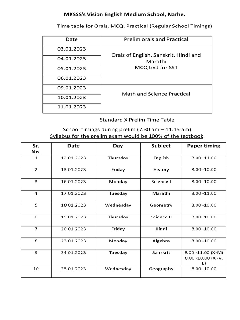 Standard X Prelim Time Table 2022-23 | PDF