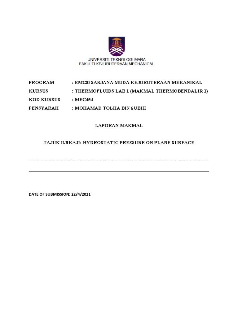 Lab Report Hydrostatic Pressure On Plane Surface | PDF | Pressure | Experiment