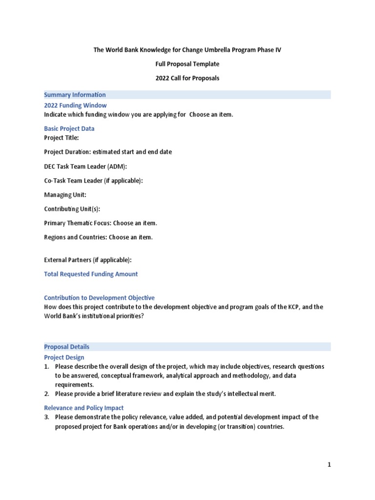 KCP 2022 CFP Window 1 and 2 Full Proposal Template | PDF | Design | Business
