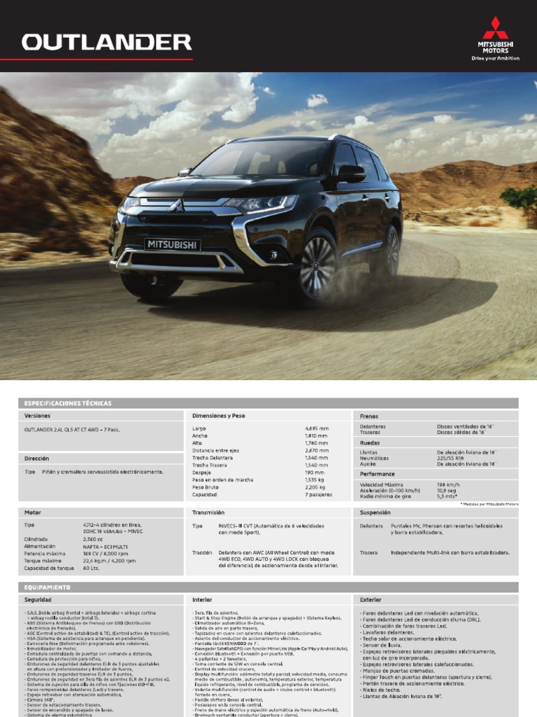Ficha Tecnica Mitsubishi Outlander 2019pdf | PDF