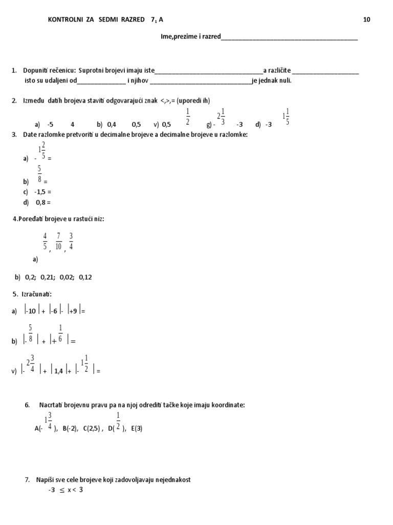 Kontrolni Za Sedmi Razred 71 A 10 | PDF