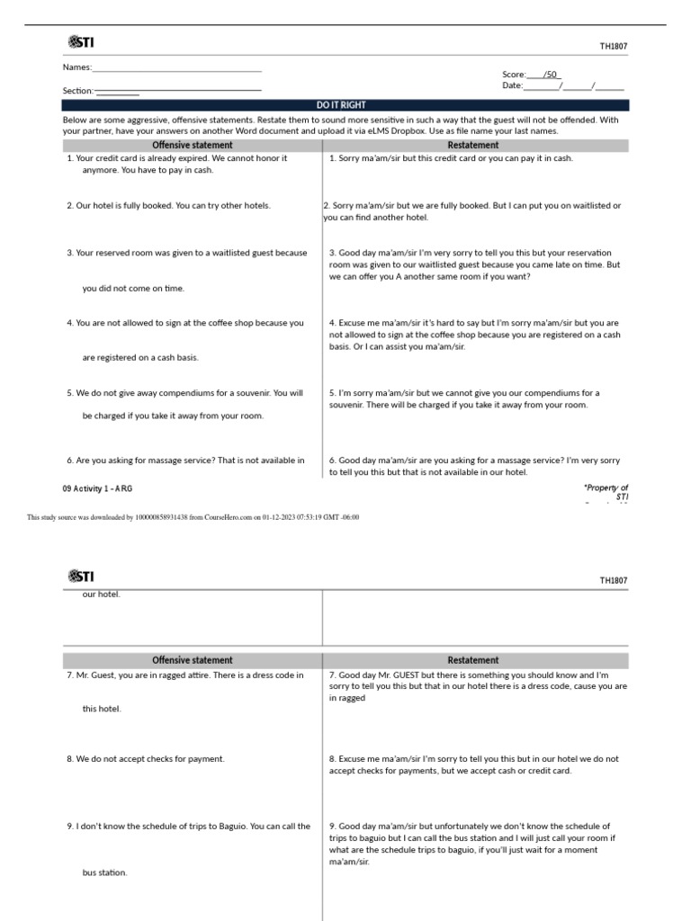 Hotel Front Office Operations Management 09 Activity 1 | PDF