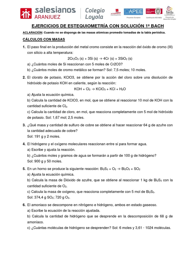 EJERCICIOS DE ESTEQUIOMETRÍA 1º Bach Con Soluciones | PDF | Combustión | Ácido clorhídrico