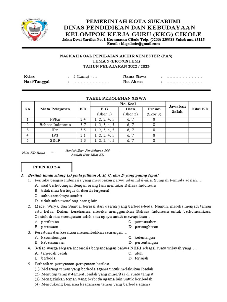 5.5 Tema 5 - Naskah Soal PAS 2223 - Kelas 5 | PDF
