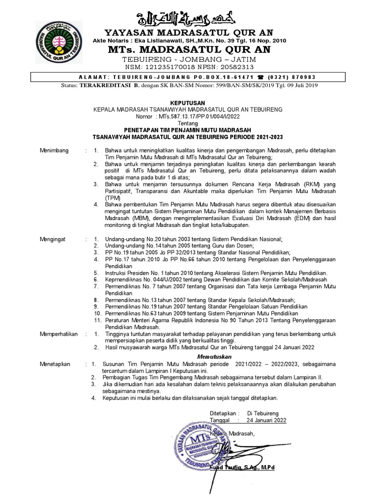 SK Tim Penjamin Mutu Madrasah | PDF
