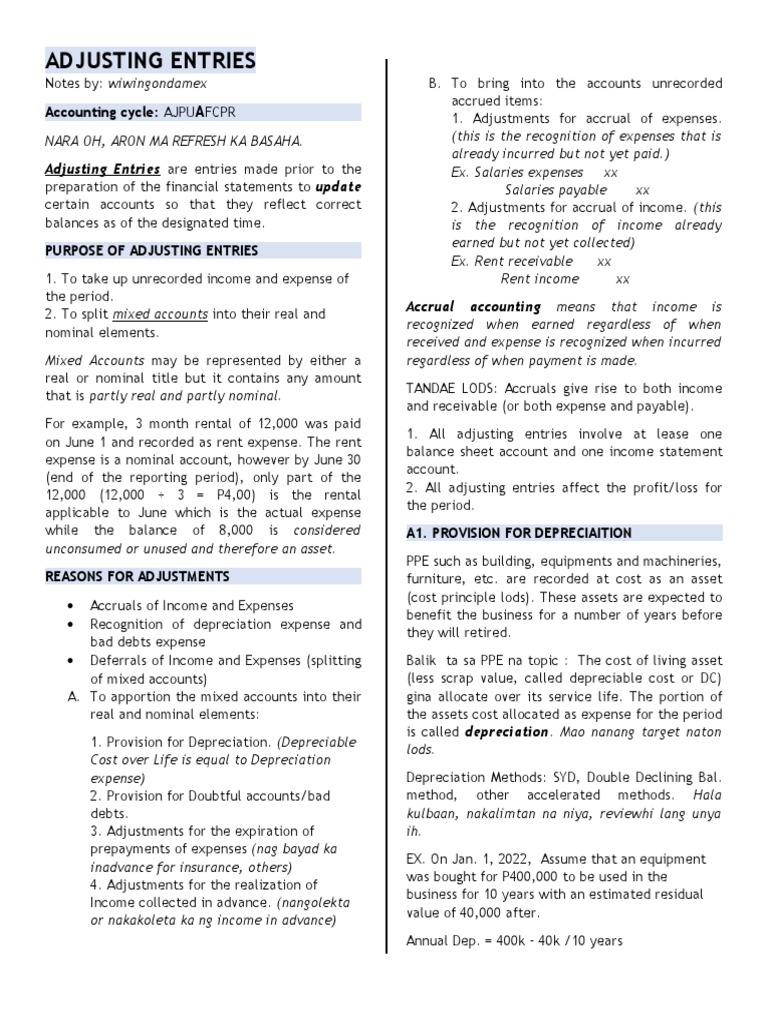 Adjusting Entries Notes | PDF | Cost Of Living | Debits And Credits Adjusting Entries Notes | PDF | Cost Of Living | Debits And Credits