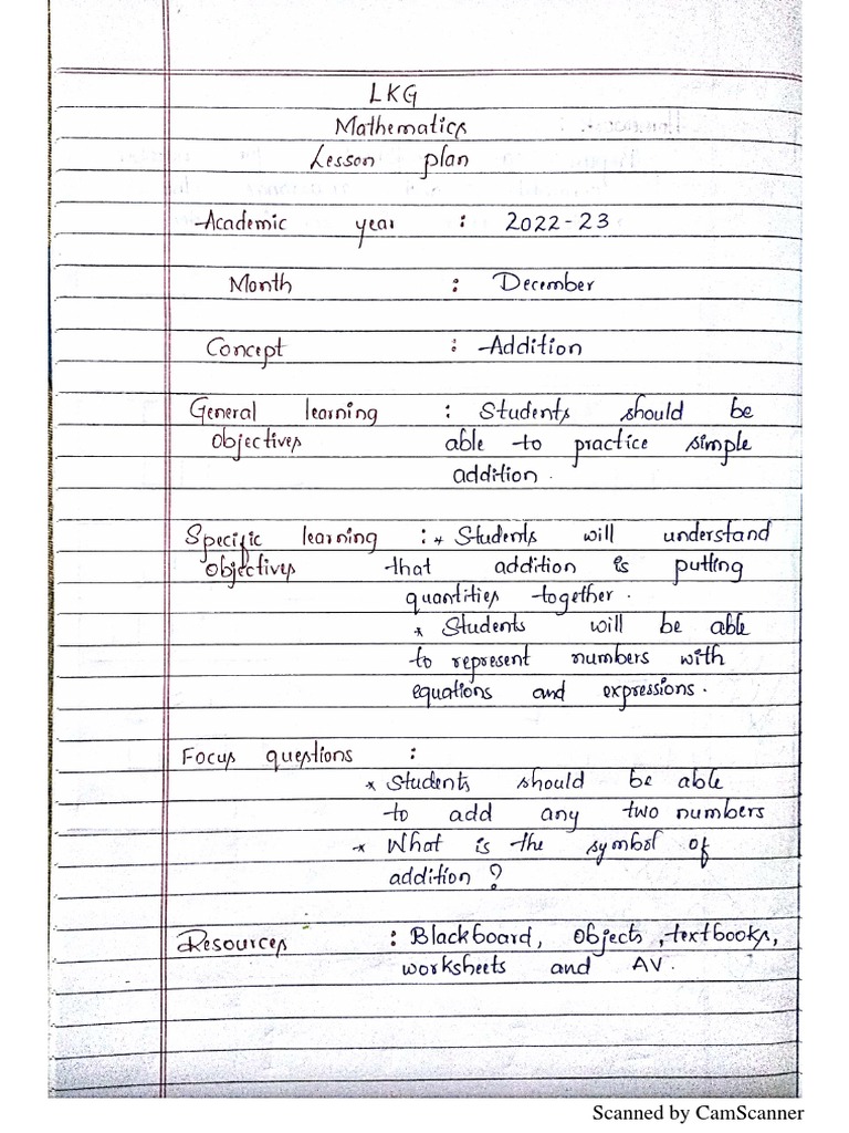 LKG Lesson Plans for English and Maths | PDF