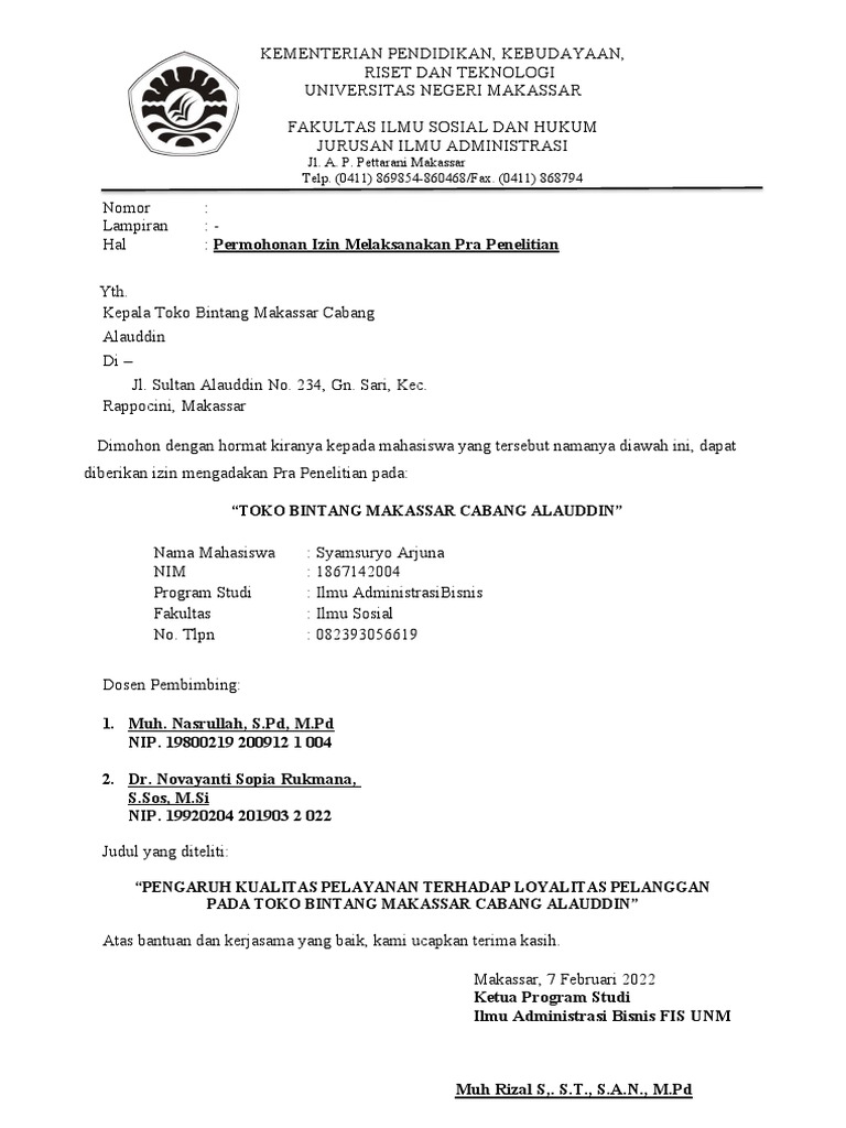 Surat Pra Penelitian Bintang | PDF