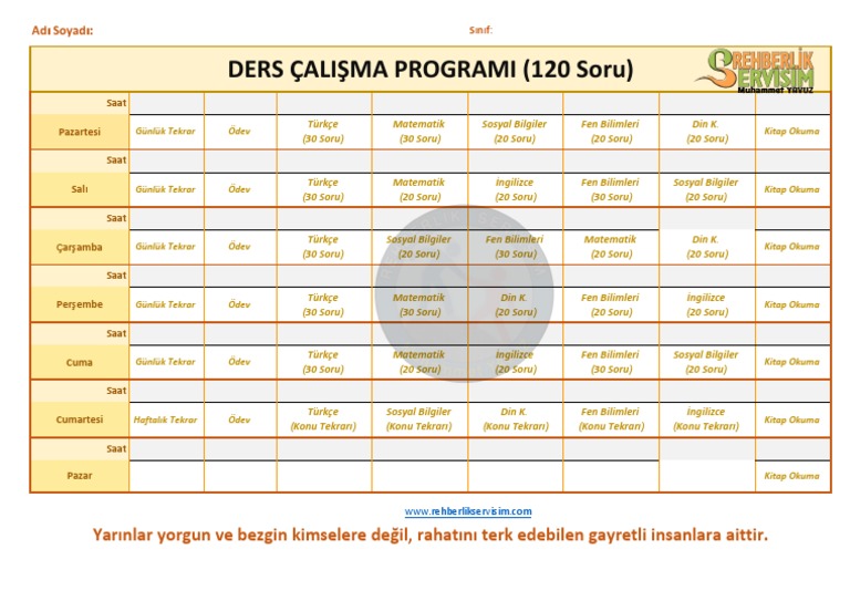 Gunluk Ders Calisma Programi 120 Soruluk | PDF