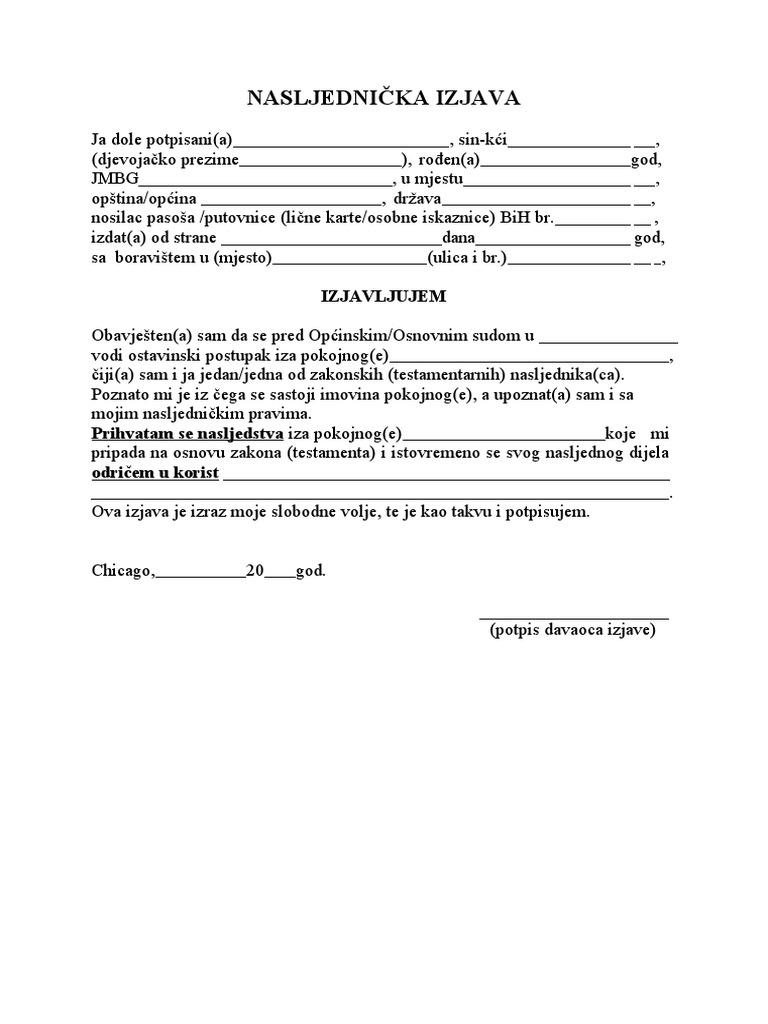 NASLJEDNIcKA IZJAVA Prihvatam I Odricem U Korist Lat | PDF