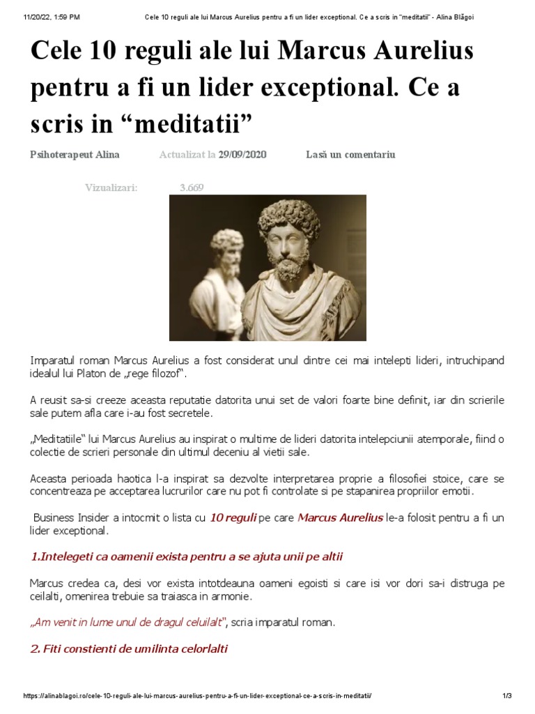 Cele 10 Reguli Ale Lui Marcus Aurelius Pentru A Fi Un Lider Exceptional | PDF