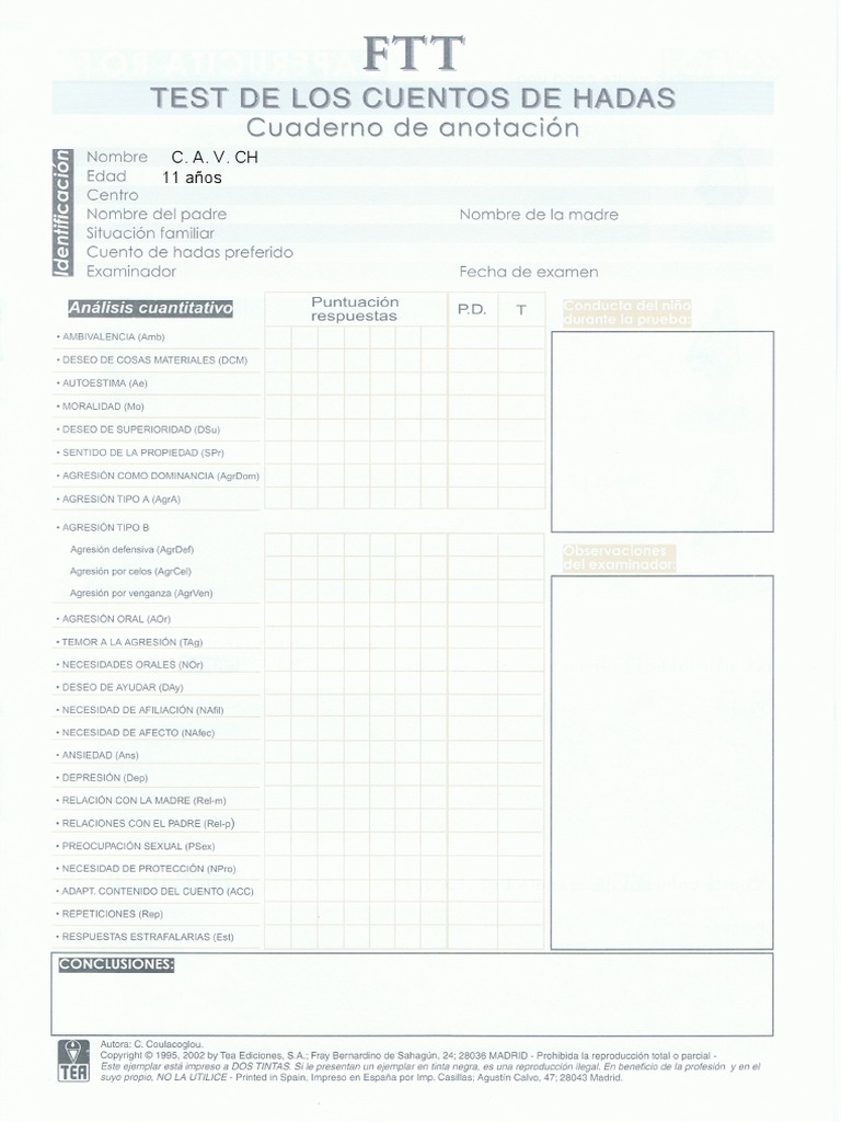 Cuadernillo de Anotación Test de Los Cuentos de Hadas (FTT) | PDF ...