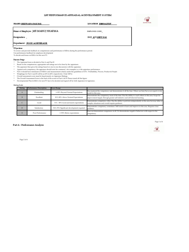 LBF Performance Appraisal Manoj Chef | PDF | Leadership | Performance Appraisal