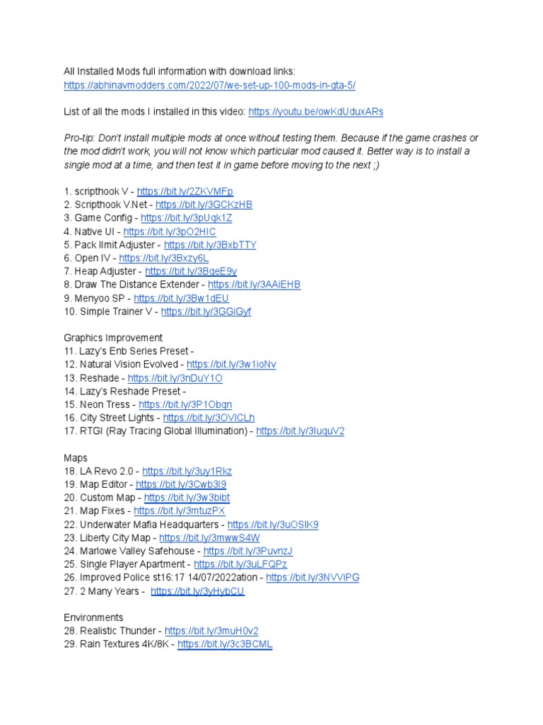 Comprehensive GTA 5 Mods List | PDF