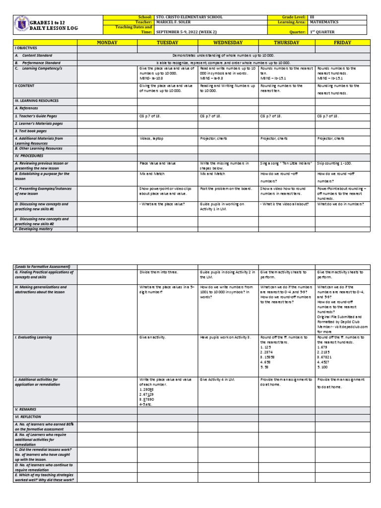 DLL - Mathematics 3 - Q1 - W2 | PDF | Teachers | Learning