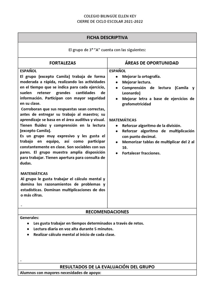 3ER GRADO Ficha Descriptiva de Grupo | PDF | Evaluación | Inclusión ...