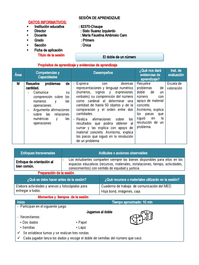 Sesión de Aprendizaje Doble de Un Numero | PDF | Aprendizaje | Evaluación