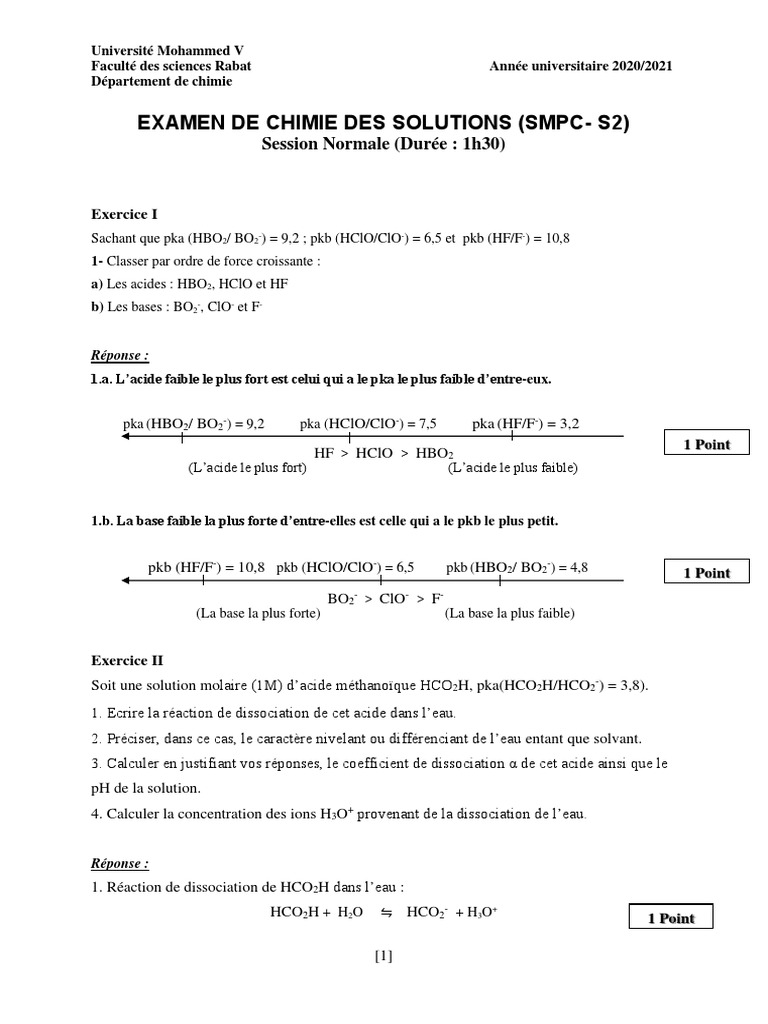 Corrige - Examen de Chimie Des Solutions (SMPC - s2) Session Normale-1 | PDF | Dissociation ...