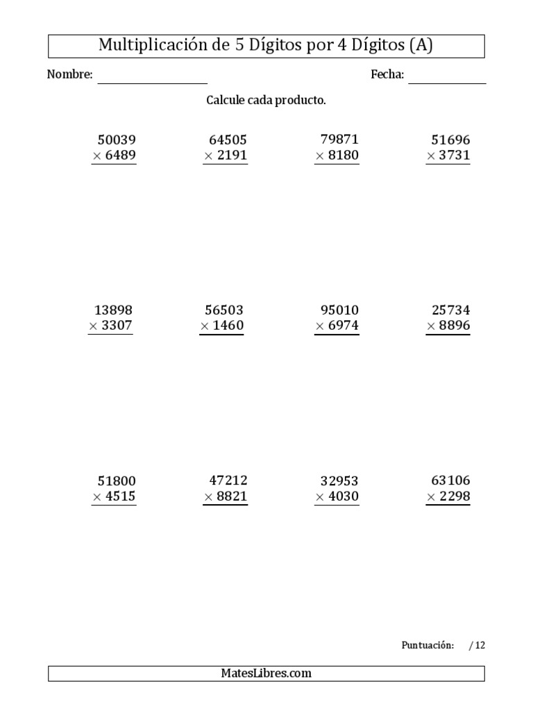 Multiplicar Números de 5 Dígitos Por 4 Dígitos | PDF