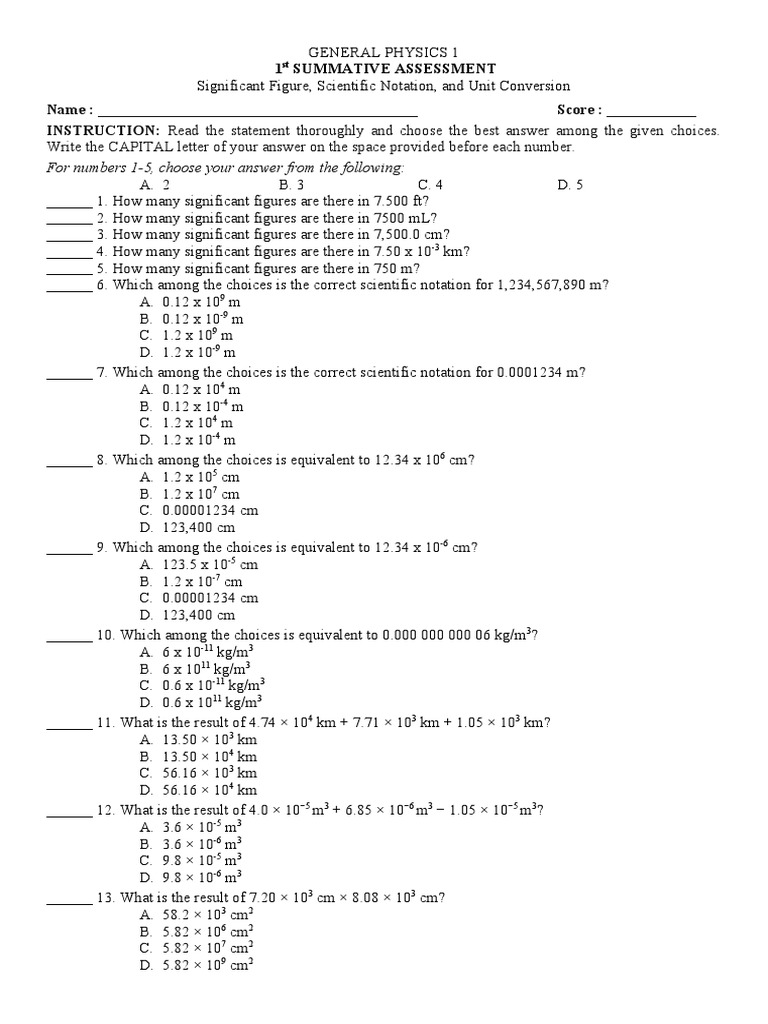 Physics1 Summative Exam 1 22-23 Midterm | PDF | Significant Figures | Accuracy And Precision