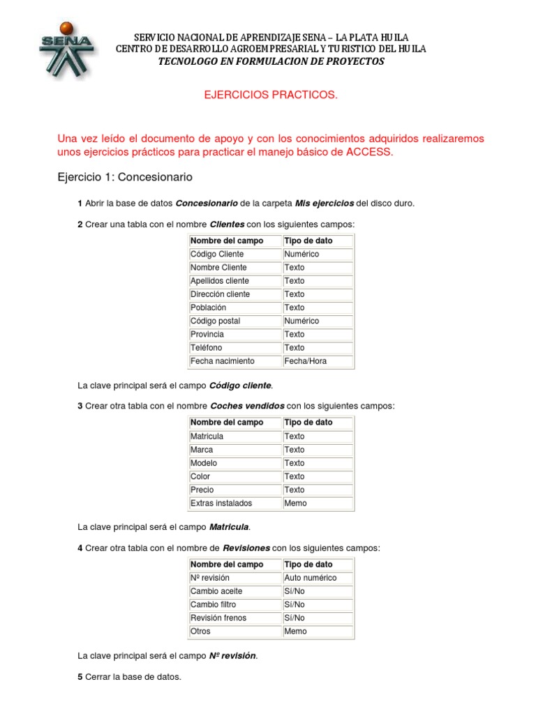 S] Ejercicios prácticos de Access: Creación y modificación de tablas de datos Ejercicios ...