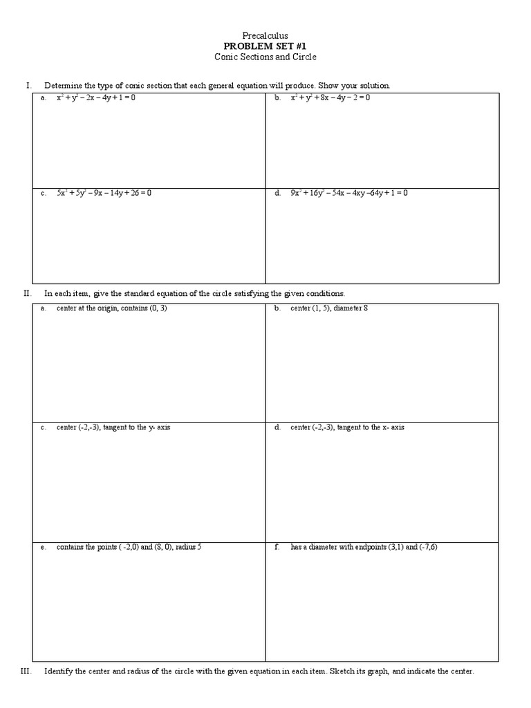 Problem Set 1 Conic Sections and Circles | PDF
