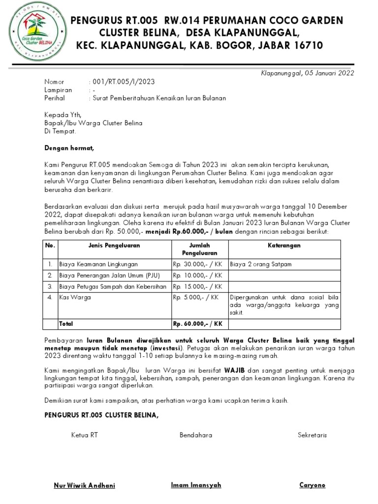 Surat Pemberitahuan Kenaikan Iuran Warga Cluster Belina | PDF