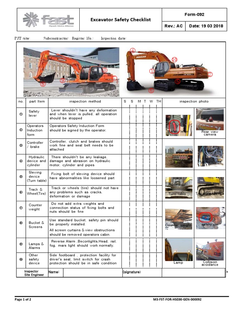 Form 092 Excavator Safety Checklist 1 | PDF | Mechanical Engineering ...