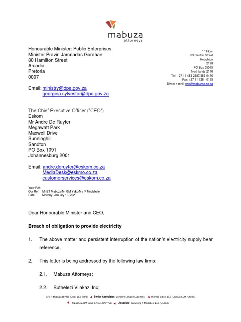 Letter To Minister Gordhan Eskom - 16.01.2023 | PDF