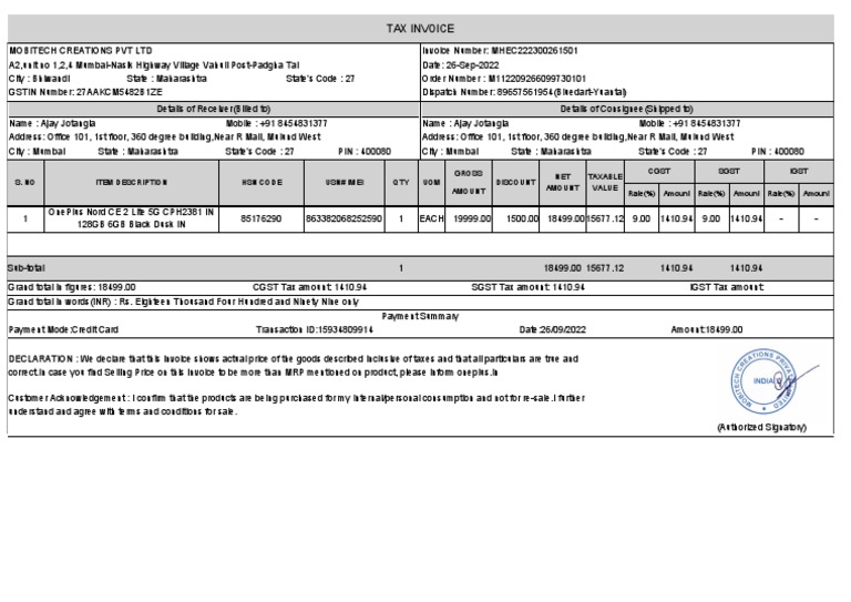 OnePlus Nord CE 2 Lite 5G Smartphone Sales Invoice from Mobitech ...