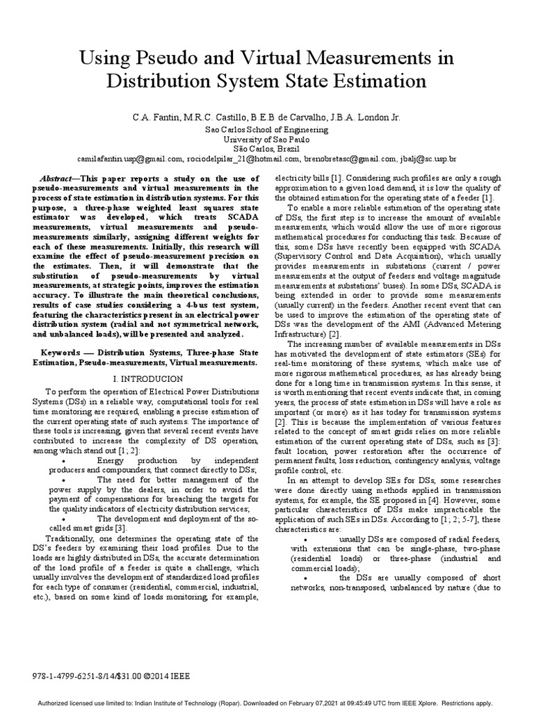 Using Pseudo and Virtual Measurements in Distribution System State Estimation | PDF