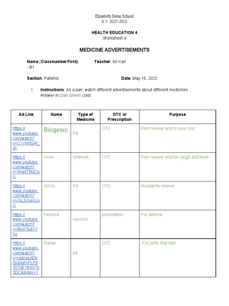 Worksheet 4 - Medicine Ads | PDF