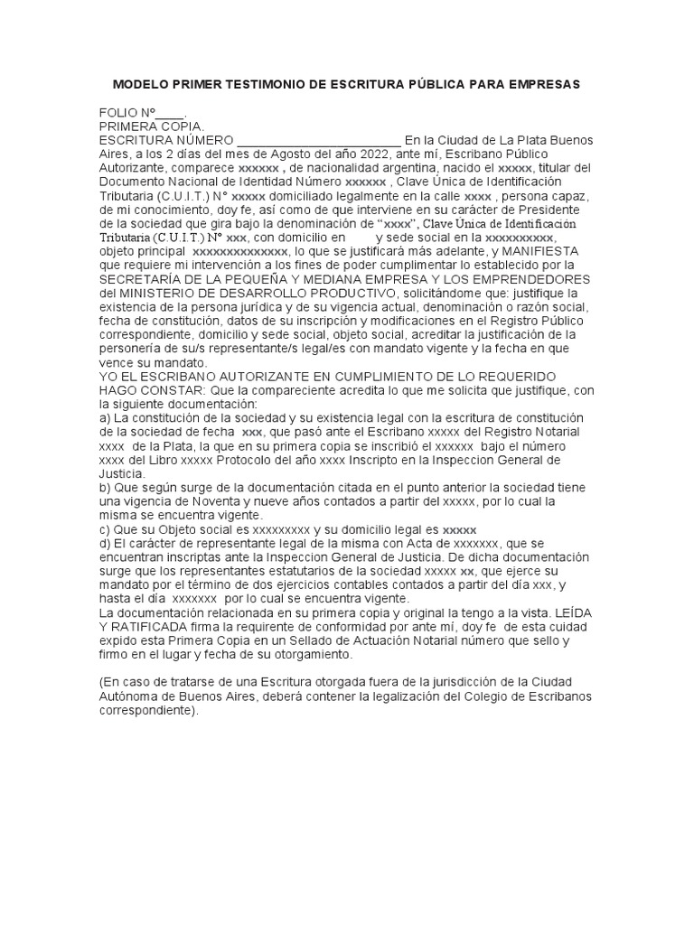 Modelo Primer Testimonio de Escritura Pública para Empresas | PDF ...